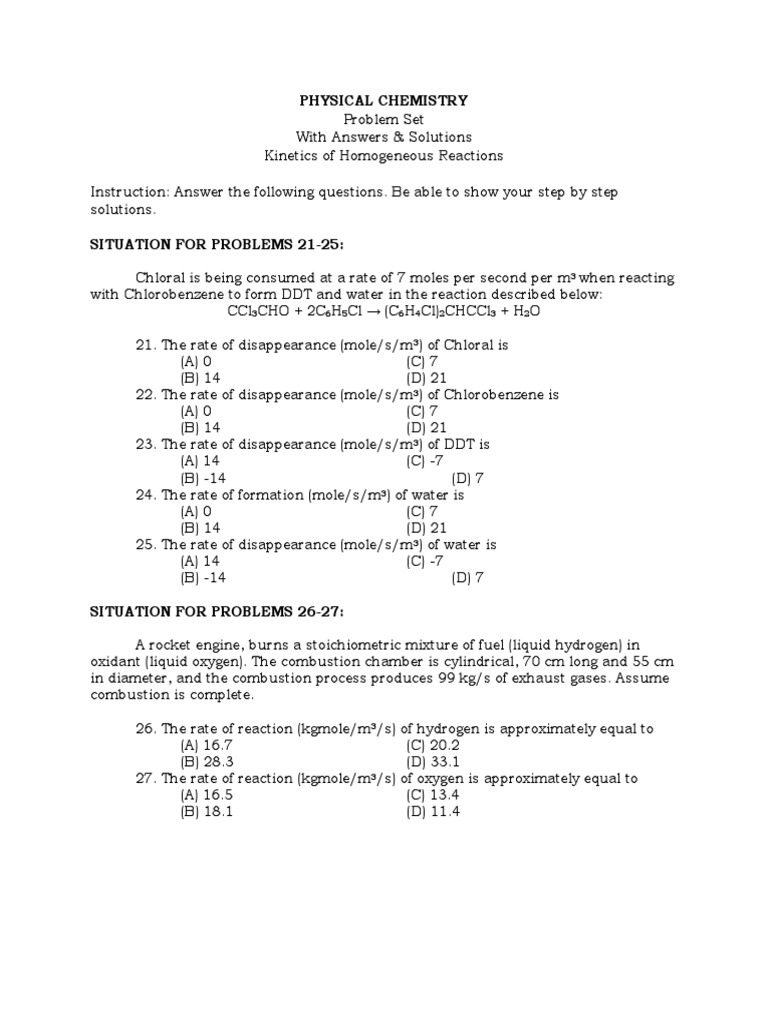 Physical Chemistry - Problem Set - Kinetics of Homogeneous Reactions | PDF | Mole (Unit ...