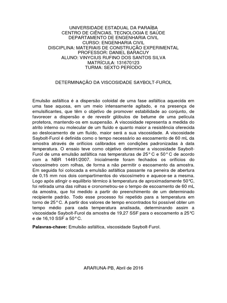 Relatório 7 - DETERMINAÇÃO DA VISCOSIDADE SAYBOLT-FUROL | PDF ...