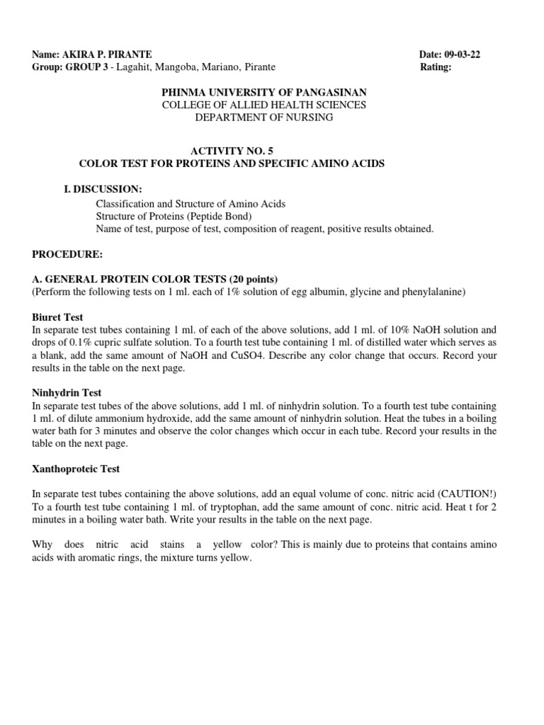 Lab Activity 5 Color Test For Proteins and Specific Amino Acids | PDF ...