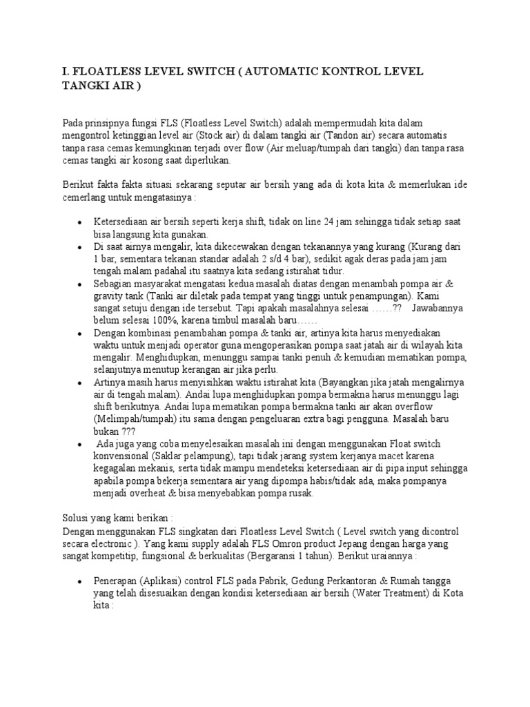 I. Floatless Level Switch (Automatic Kontrol Level Tangki Air) | PDF