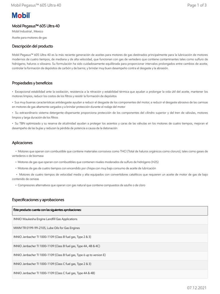 Mobil-Pegasus-605-Ultra-40 PDS | PDF | Motor de combustión interna ...
