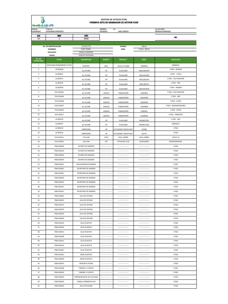 F-Gaf-01 Formato Acta de Asignacion de Activos Fijos | PDF | Lenovo