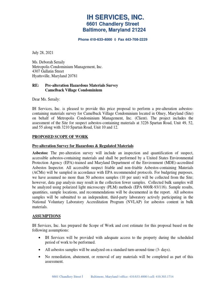 Asbestos Cost Proposal | PDF | Asbestos | United States Environmental ...