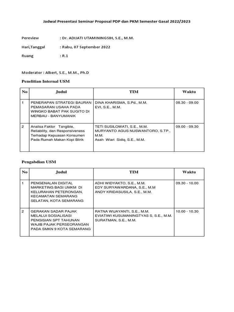 Jadwal Seminar PROPOSAL PDP&PKM 7-8 September 2022-1 | PDF | Karier & Perkembangan | Ilmu Sosial
