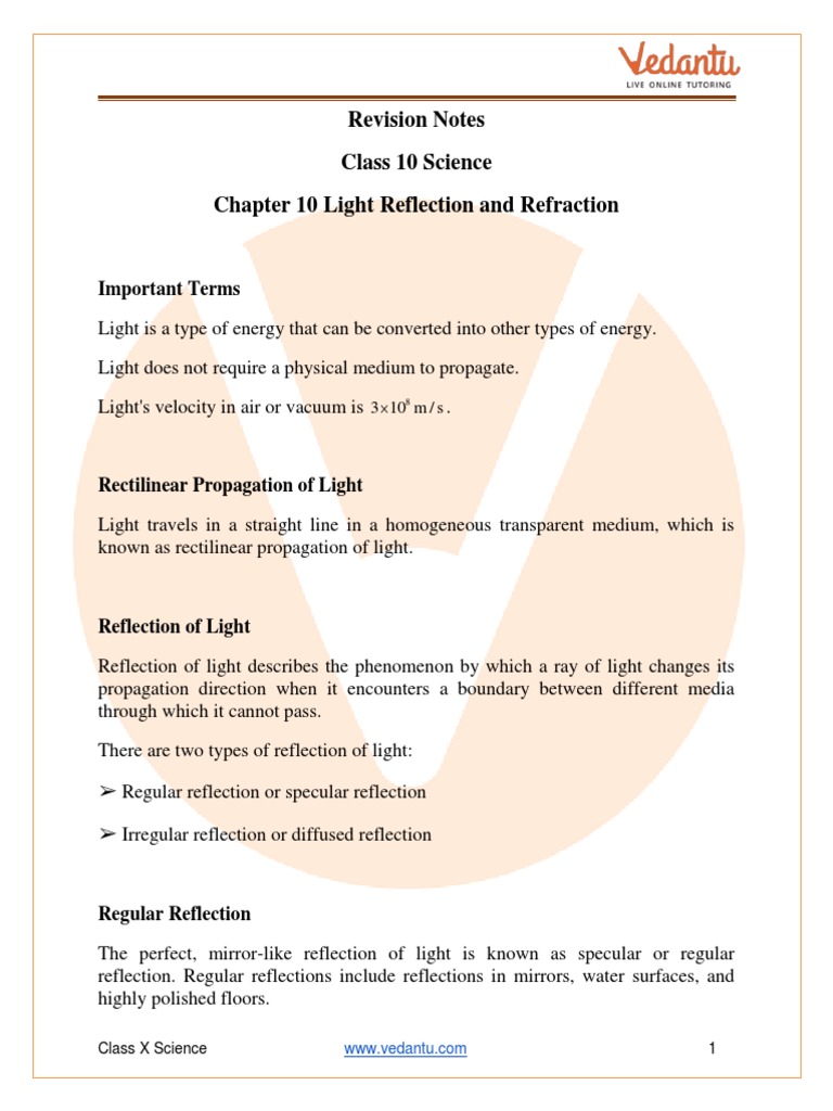 Class 10 Science Chapter 10 Revision Notes | PDF | Reflection (Physics ...