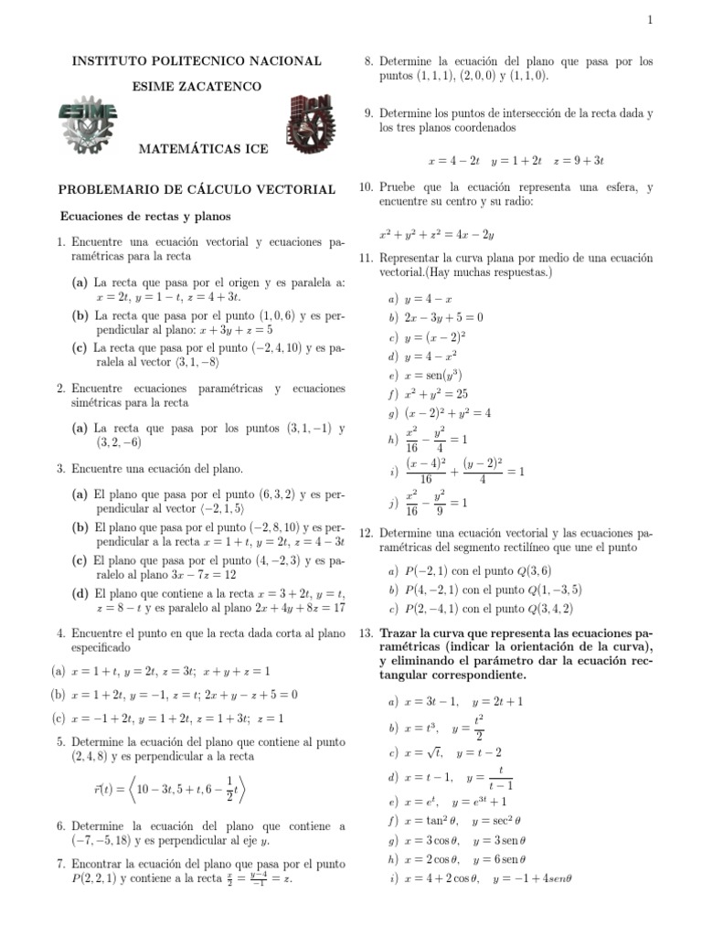 PROBLEMARIO Calculo Vectorial | PDF | Línea (geometría) | Geometria plana)