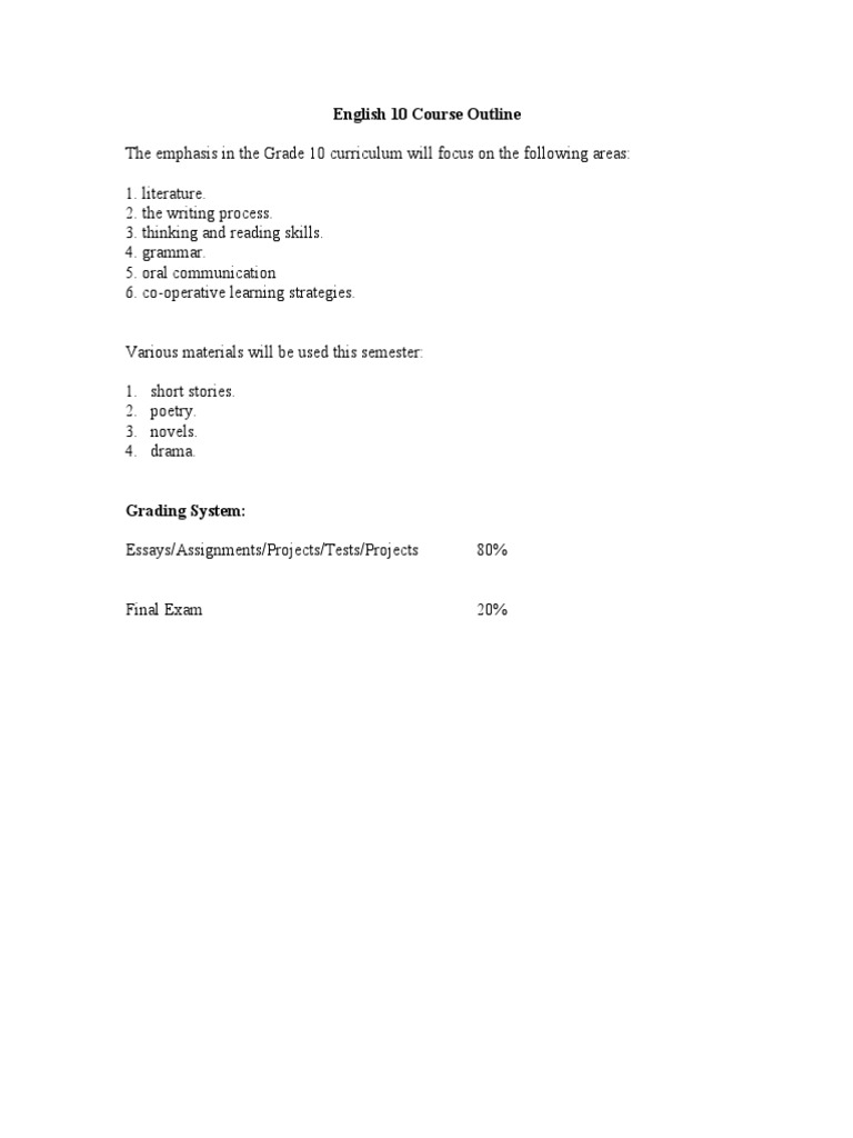 Grade 10 English Course Outline | PDF