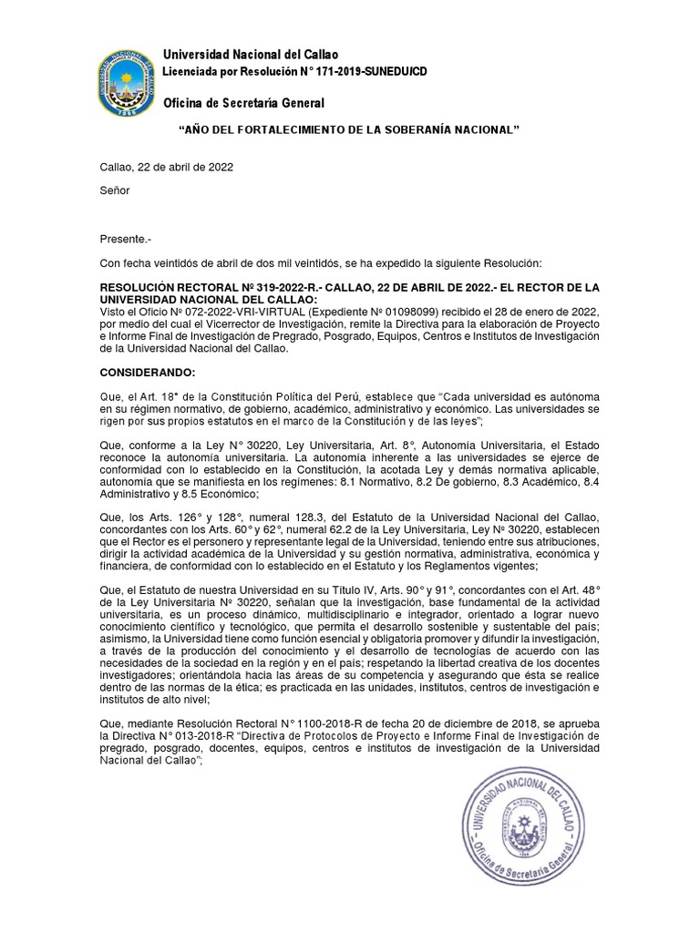 319-22-R Directiva 004 Elaboracion Proyecto e Informe Final Investigacion Pregrado, Posgrado ...