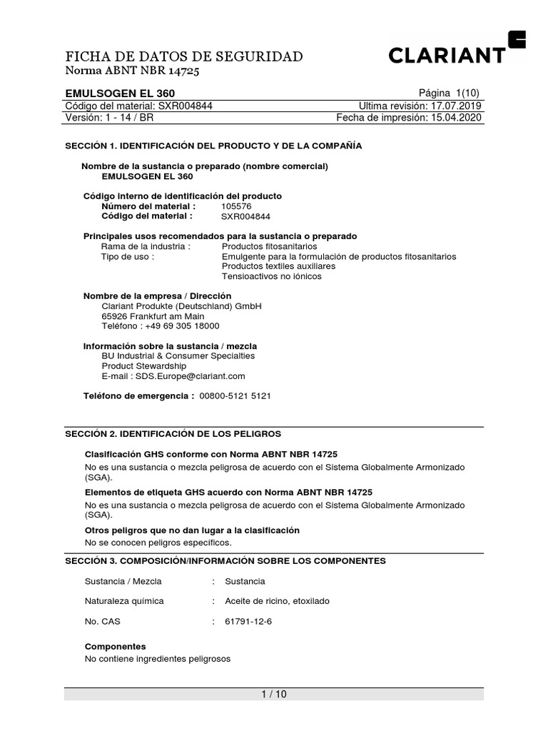Clariant SDS Emulsogen EL 360 Brazil Spanish | Descargar gratis PDF ...