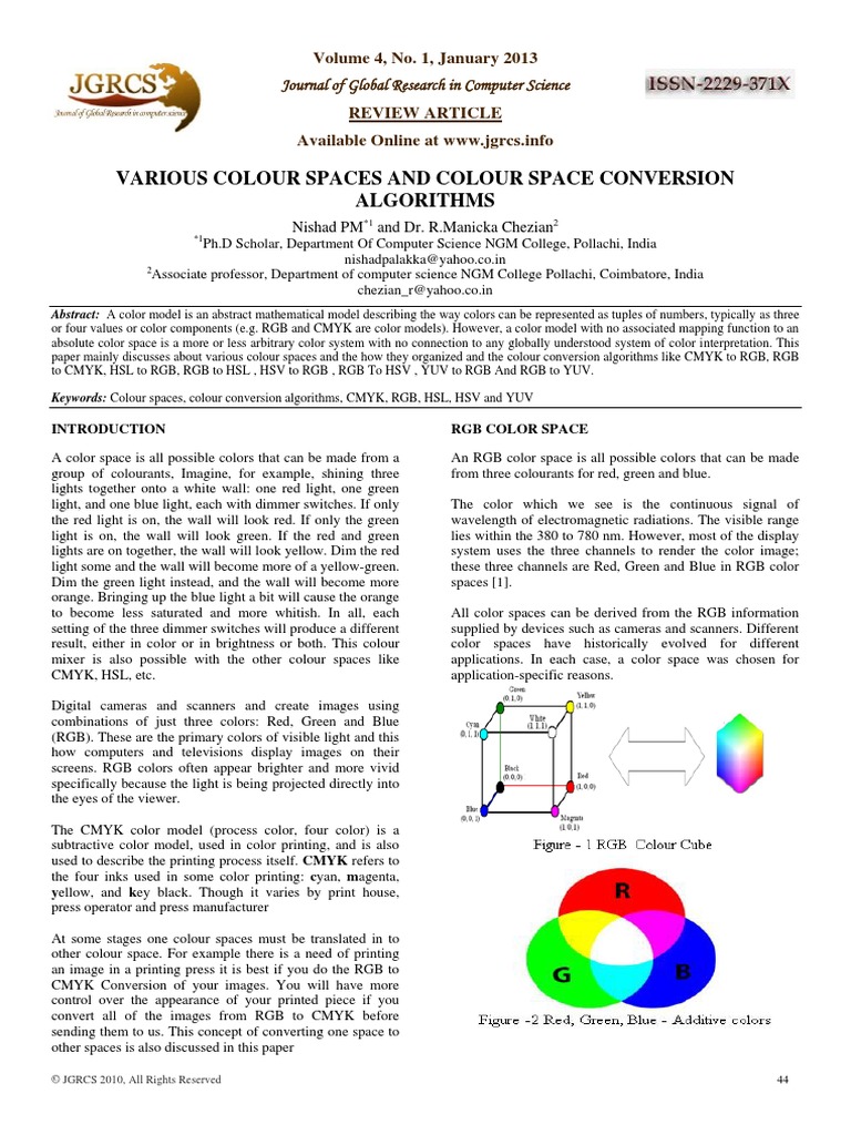Various Colour Spaces and Colour Space Conversion Algorithms 44 48 ...