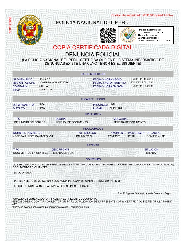 Certificado Denuncia | PDF | Informática