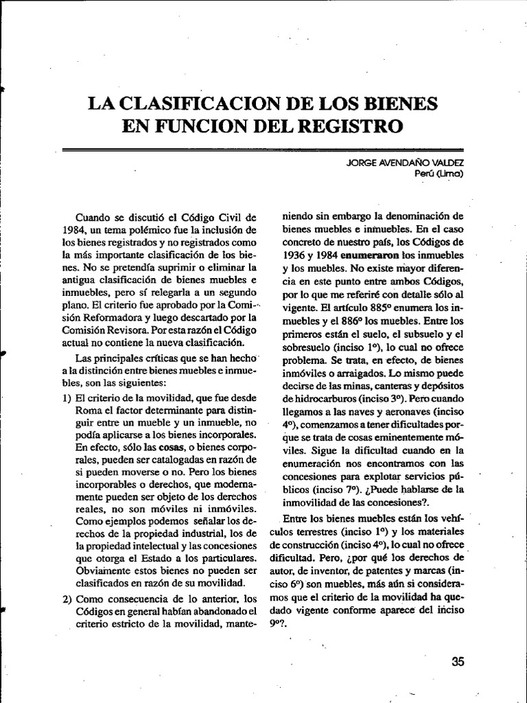 AVENDAÑO, Jorge. La Clasificación de Los Bienes en Función Del Registro | PDF | Propiedad ...