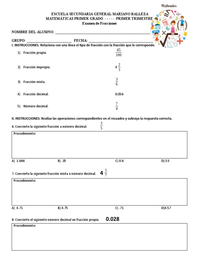 Examen de Fracciones | PDF | Convenciones de nombres | Conceptos ...