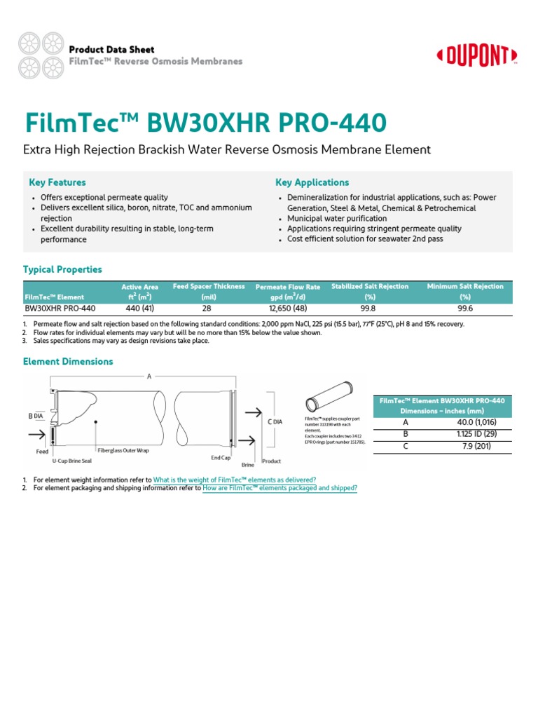FilmTec BW30XHR PRO 440 PDS 45 D03750 en | PDF | Membrane | Chemical Engineering