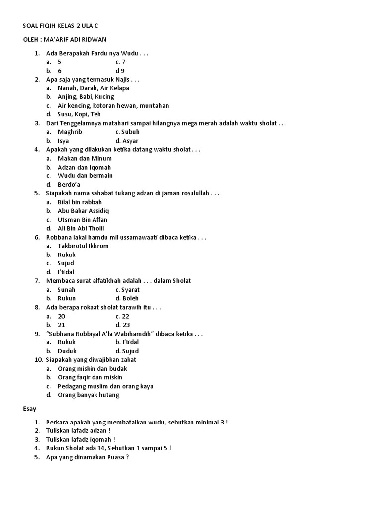 Soal Fiqih Kelas 2 Ula C | PDF