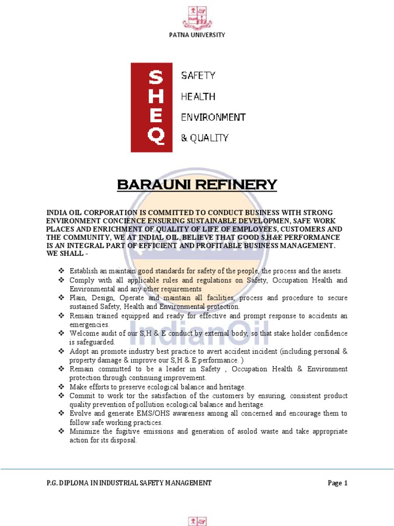 Safety Management at IOCL Barauni Refinery | PDF | Safety ...