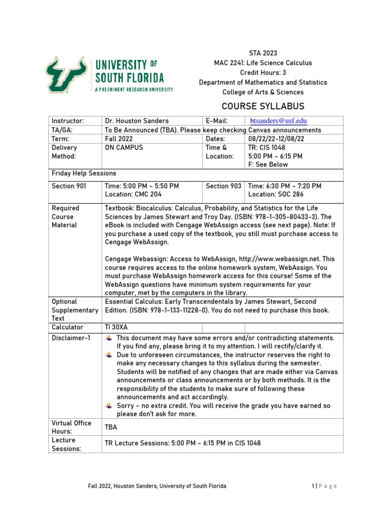 MAC 2241 Fall 2022 Htsanders Life Science Calculus Syllabus | PDF | Integral | Function ...
