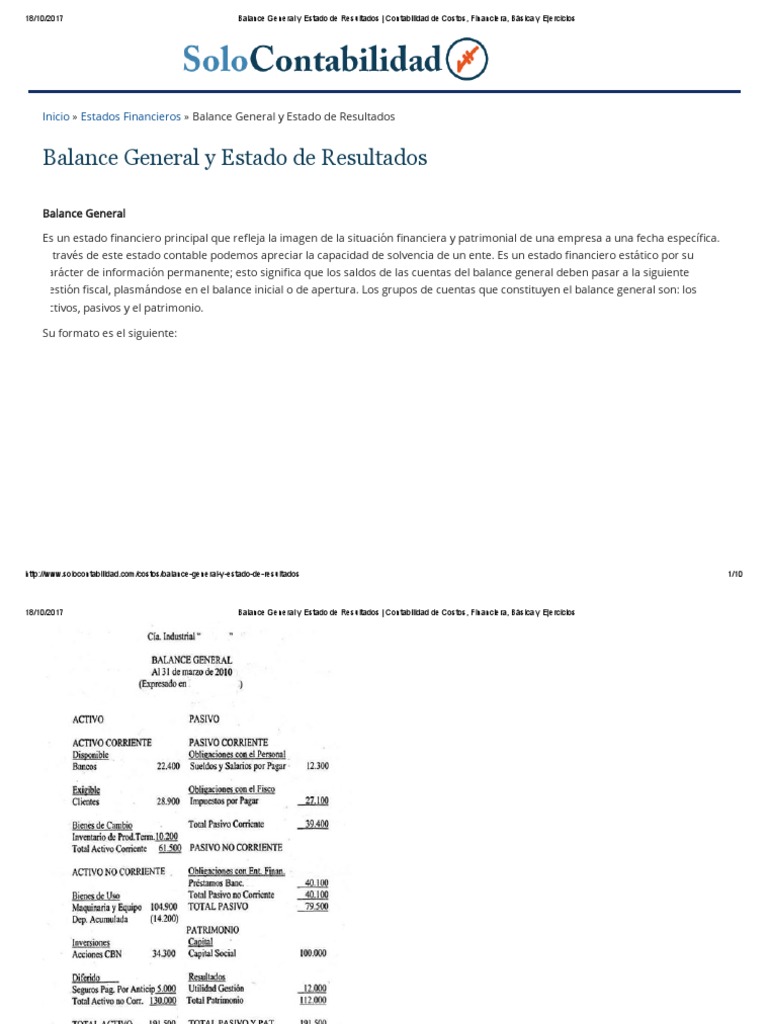 Balance General y Estado de Resultados - Contabilidad de Costos, Financiera, Básica y Ejercicios ...
