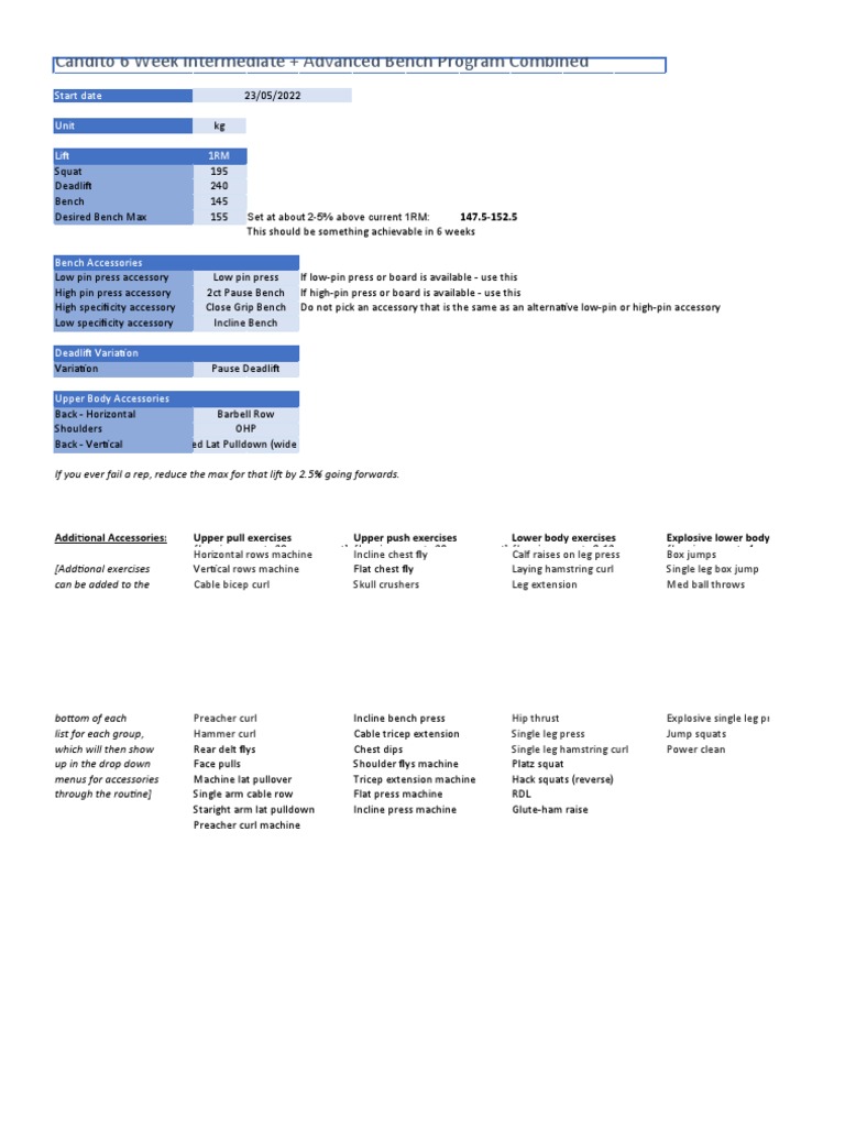 Candito 6 Week - Advanced Bench Empty Template (Fix) | PDF | Physical Exercise | Weight