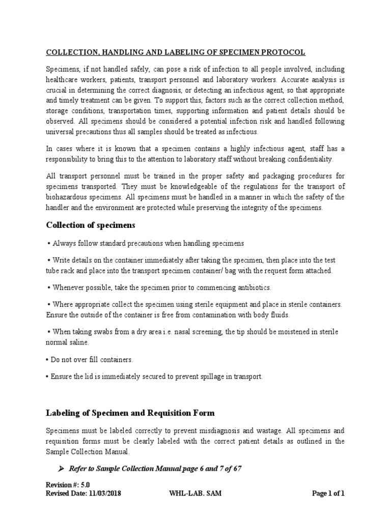 Collection, Handling and Labeling of Specimen Protocol | PDF ... Collection, Handling and Labeling of Specimen Protocol | PDF ...