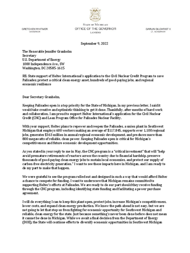 Whitmer Letter To Granholm Re Palisades Sept 2022 FINAL | PDF | United ... Whitmer Letter To Granholm Re Palisades Sept 2022 FINAL | PDF | United ...