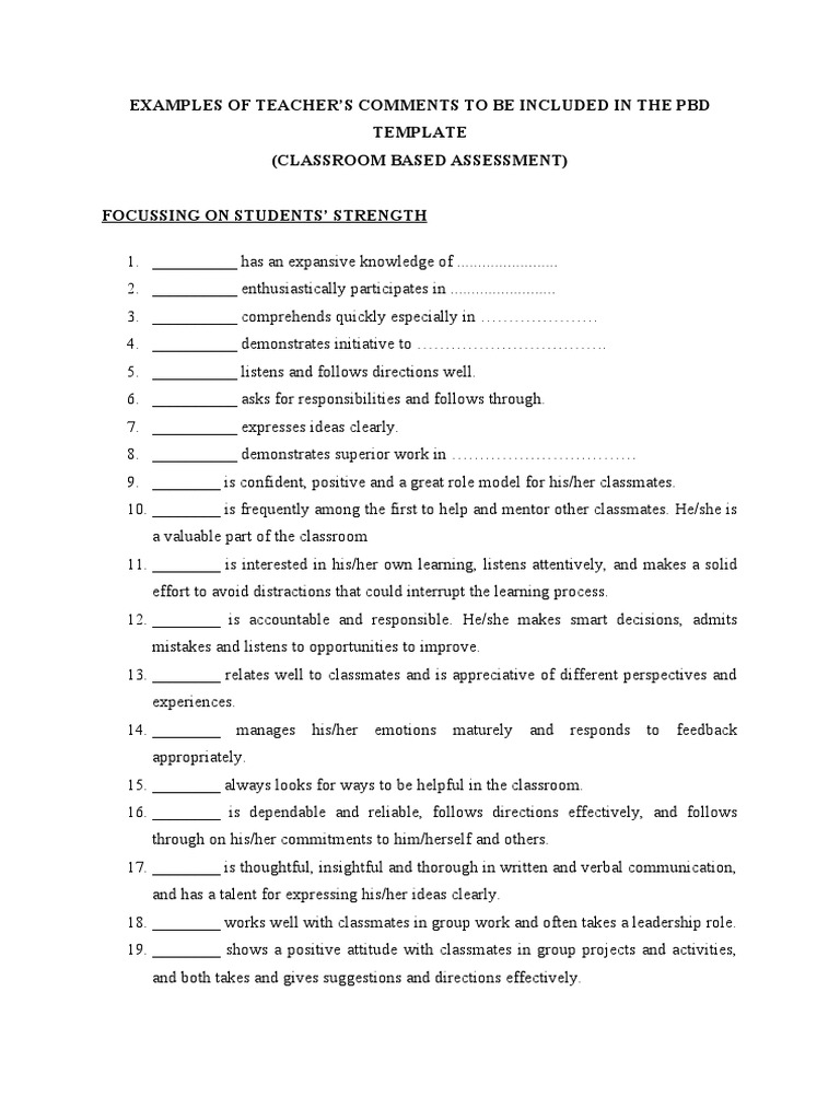 Teacher's Comments on Student Strengths, Areas for Improvement, and ...