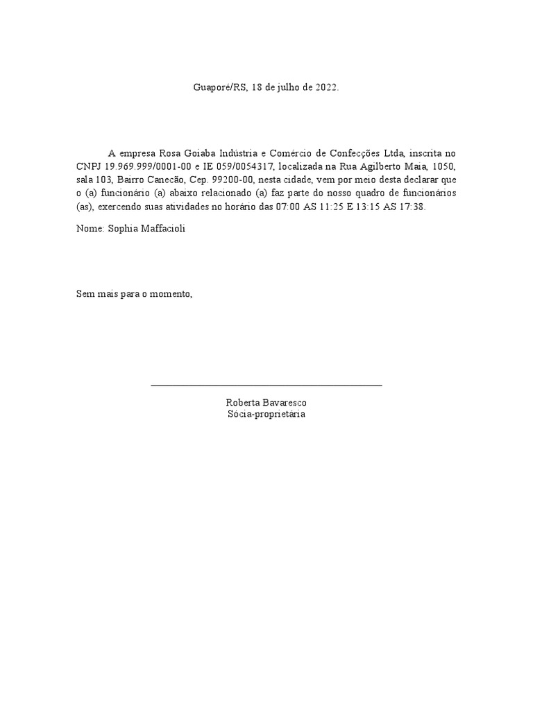 Declaração de Horário de Trabalho | PDF