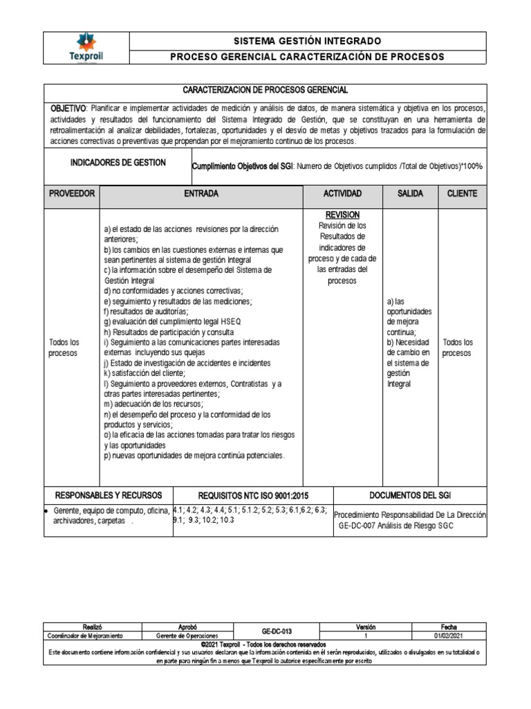 Ge-Dc-013 Caracterizacion Proceso Gerencia | PDF | Informática | Business