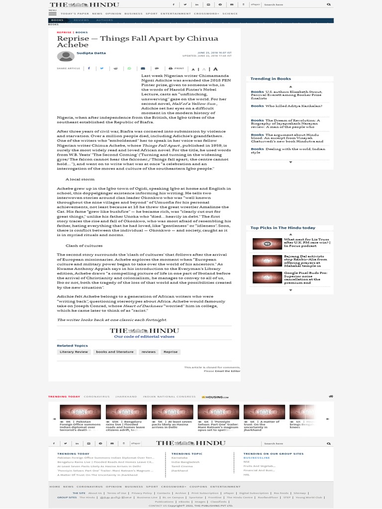 Sudipta Datta Looks Back at Chinua Achebe's Things Fall Apart' - The Hindu | PDF