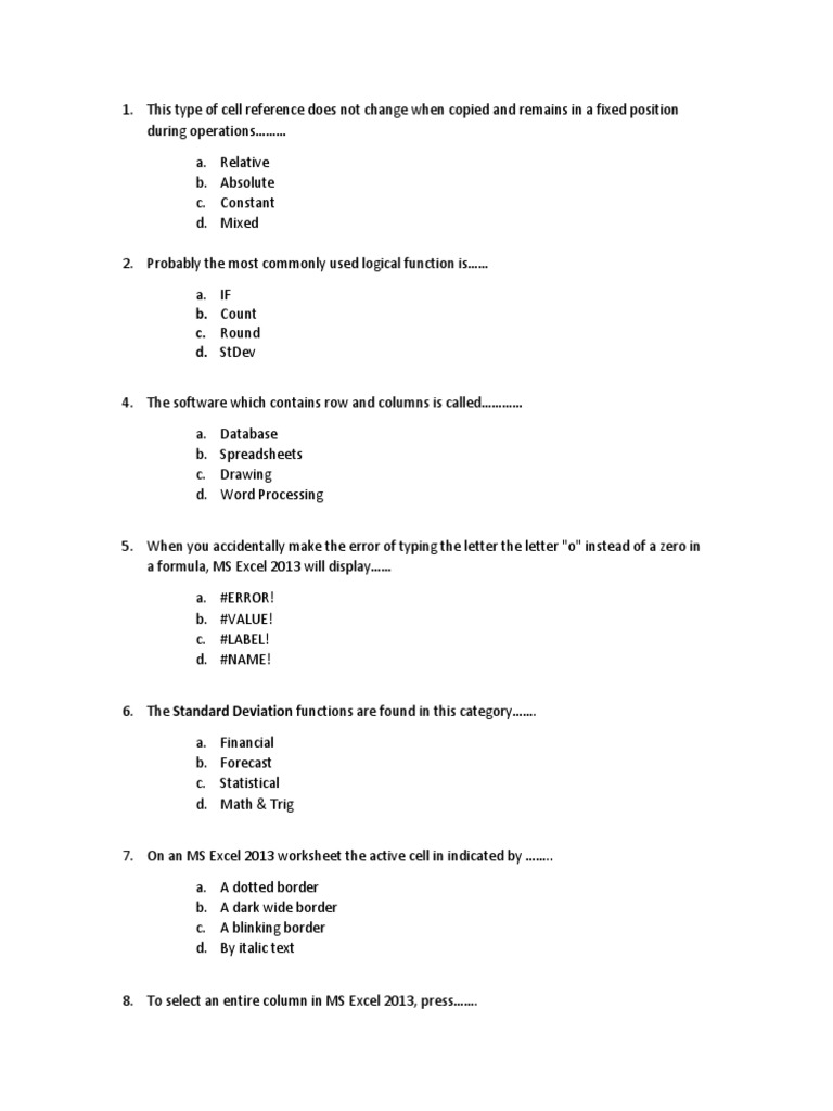 Excel 2013 Worksheet Functions Quiz | PDF | Databases | Relational Database