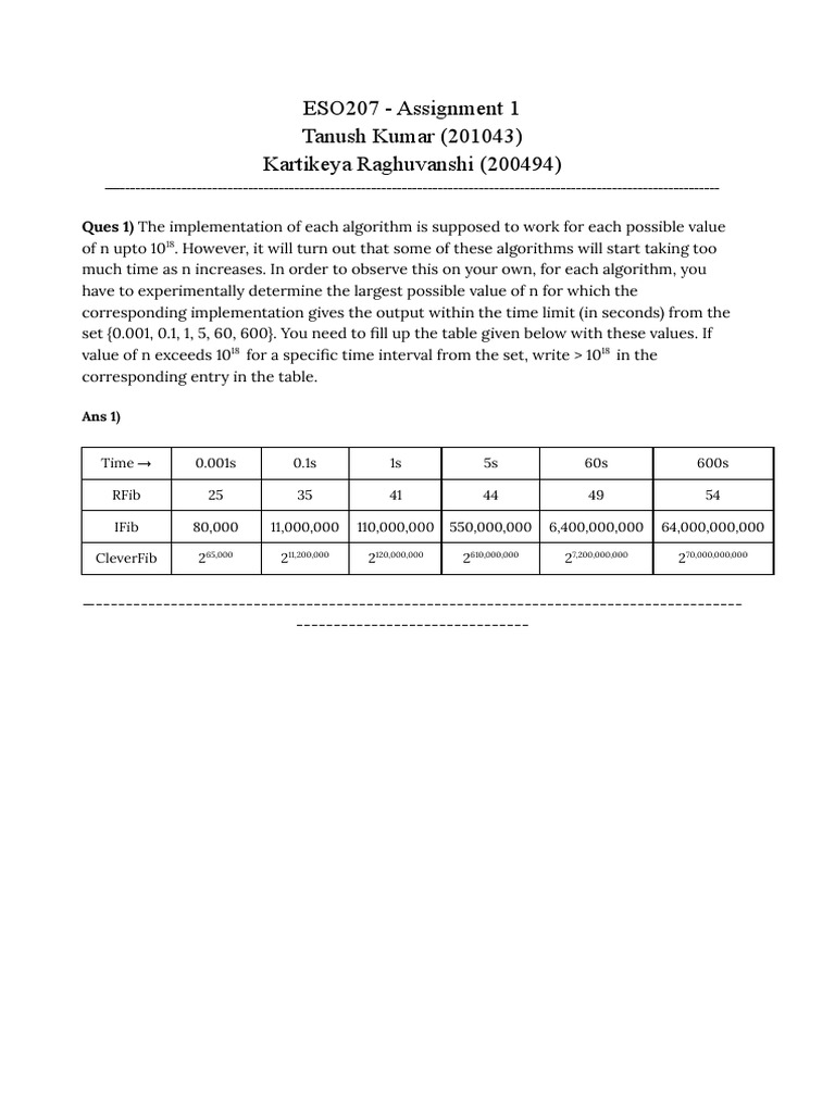 ESO207 - Assignment 1 Tanush Kumar (201043) Kartikeya Raghuvanshi (200494) | PDF | Time ...