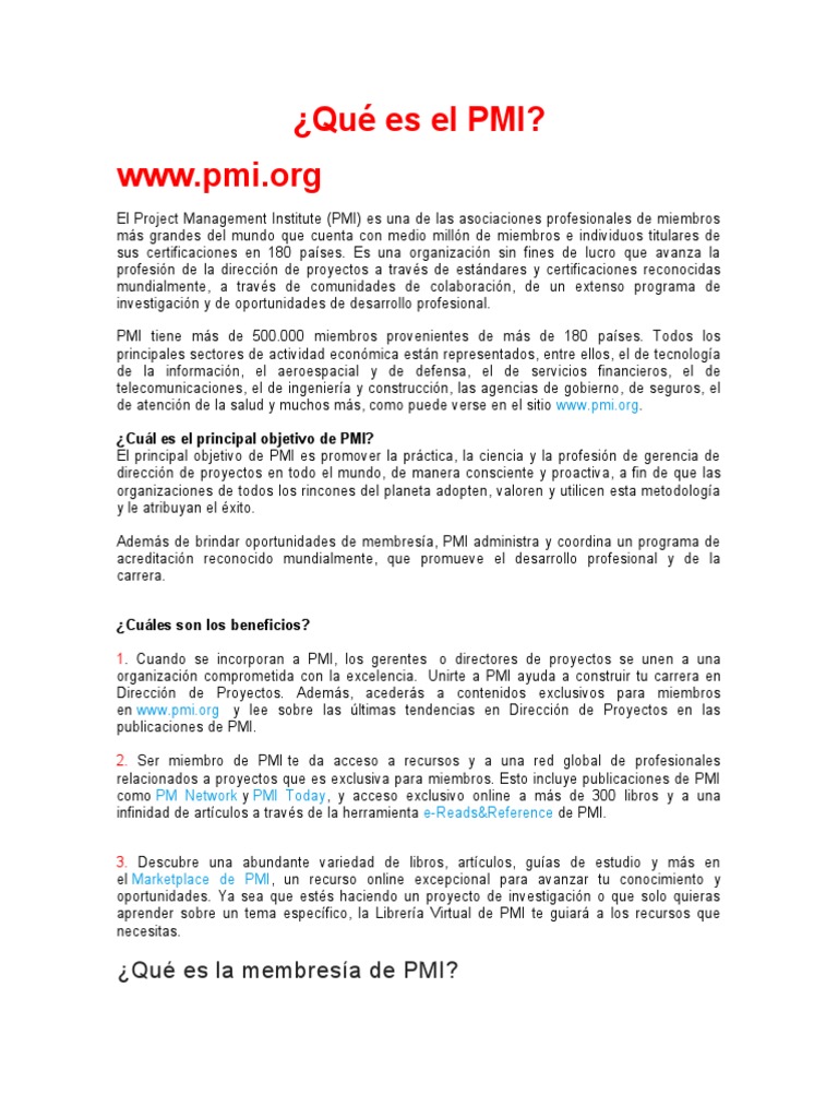 ¿Qué es el PMI y sus beneficios? | PDF | Gestión de proyectos | Business
