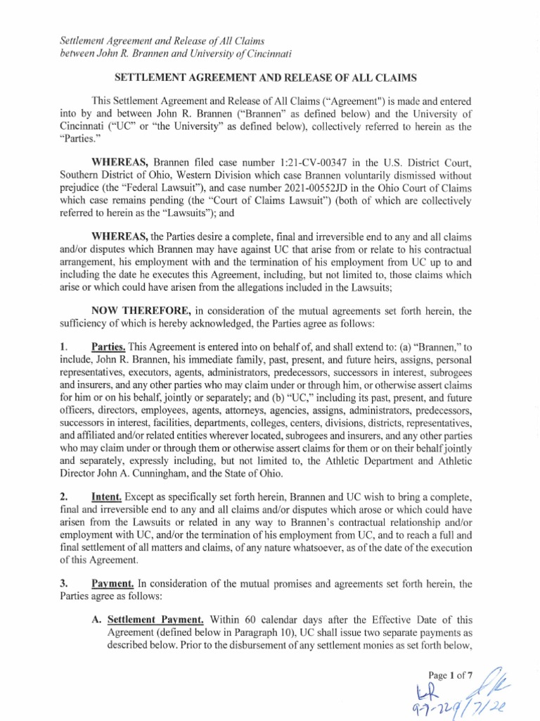 Brannen, John Settlement Agreement - 2022-09-07 | PDF