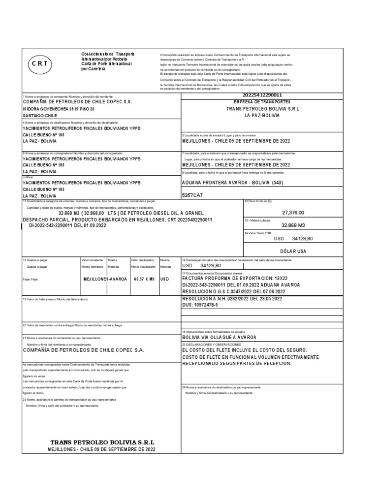 Conhecimiento de Transporte Internacional Por Rodovia Carta de Porte Internacional Por Carretera ...
