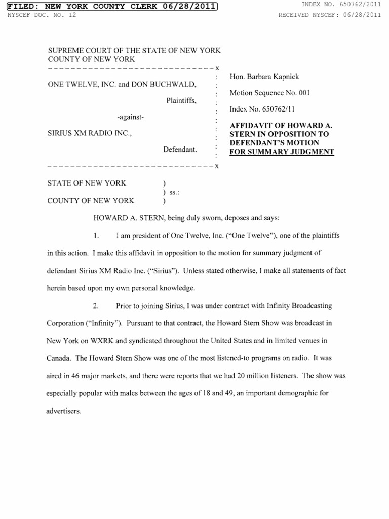 Stern's Affidavit Against Sirius XM | PDF | Entertainment (General)