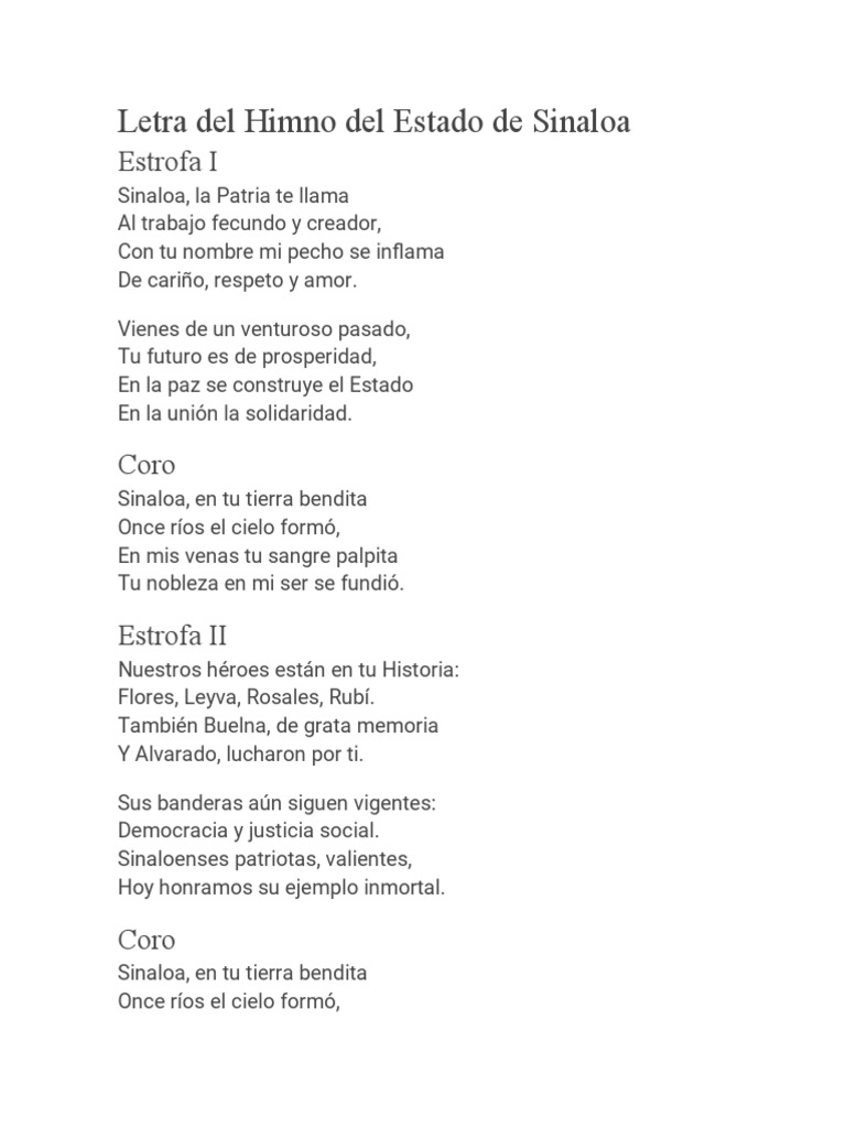 letra del himno del estado de Sinaloa | PDF