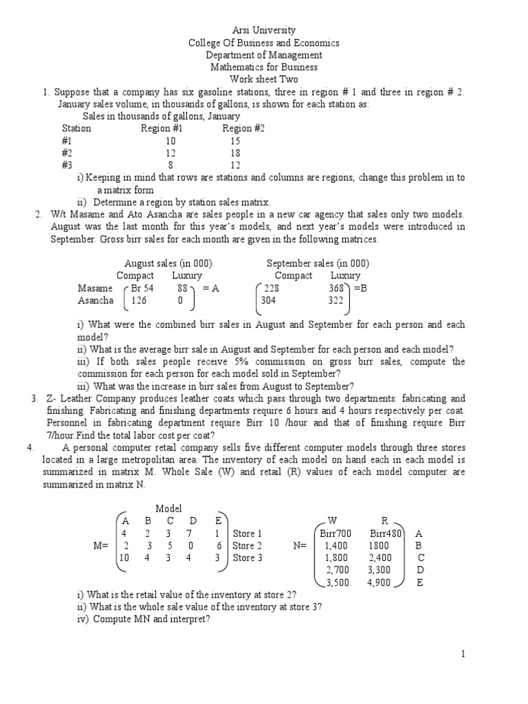 bus.Maths worksheet 2 | PDF | Inventory | Matrix (Mathematics)