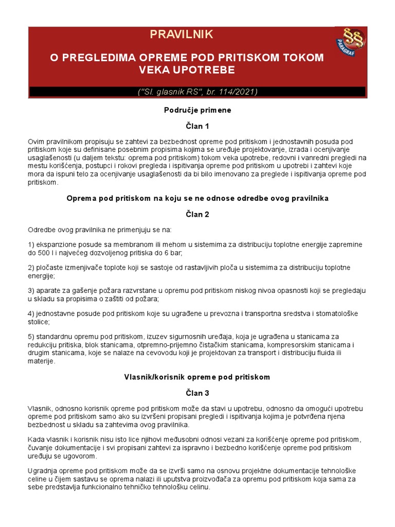 Pravilnik o Pregledima Opreme Pod Pritiskom Tokom Veka Upotrebe 114 - 2021 | PDF