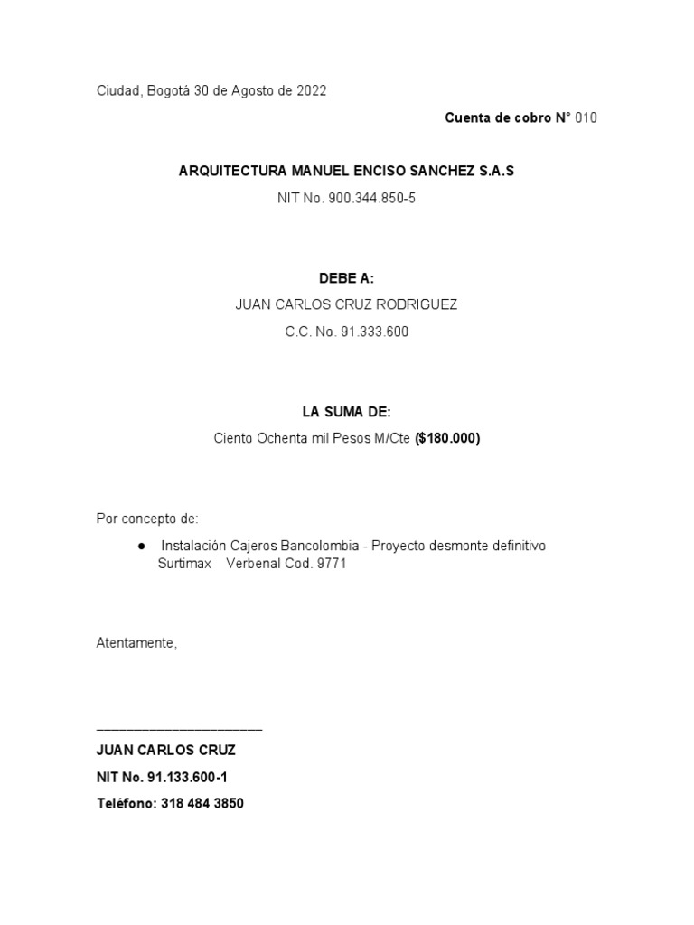 Modelo de Cuenta de Cobro | PDF Modelo de Cuenta de Cobro | PDF