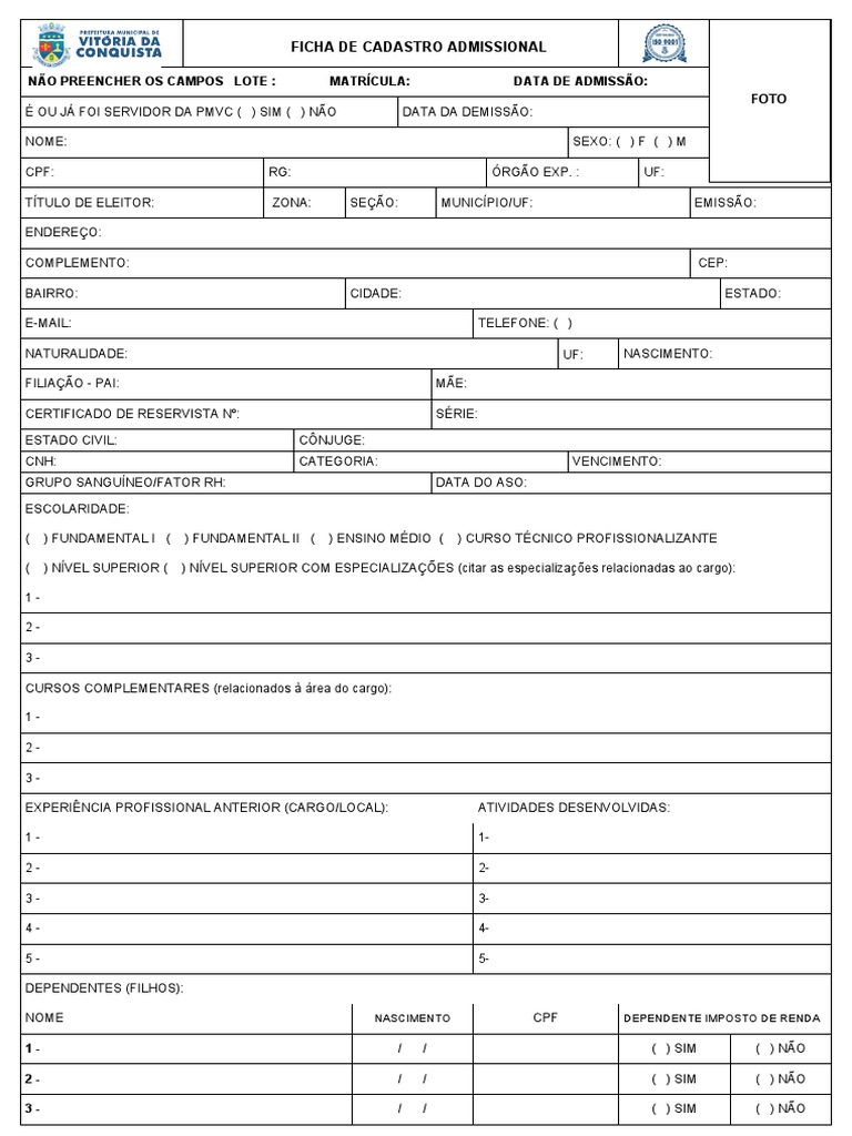 3 Ficha de Cadastro Admissional Concurso Seleção 2 | PDF