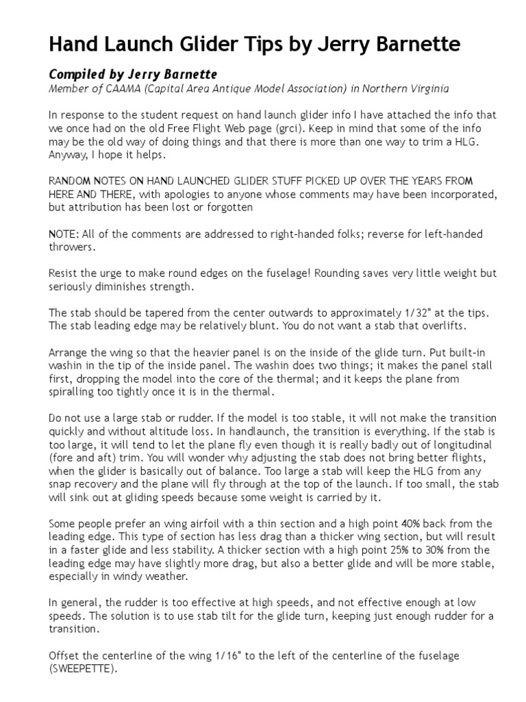 Hand Launch Glider Tips by Jerry Barnette | PDF | Glider (Sailplane ...