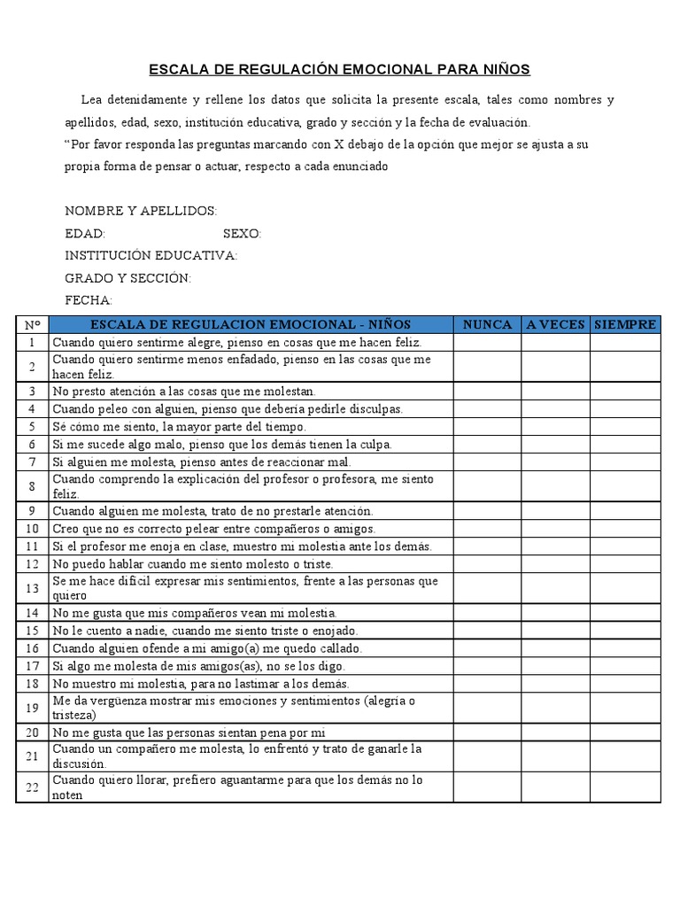 ESCALA DE REGULACIÓN EMOCIONAL PARA NIÑOS - TEST-1 | PDF | Las emociones