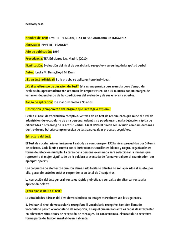 Peabody Test Información | PDF | Inteligencia | Aquisición de idioma