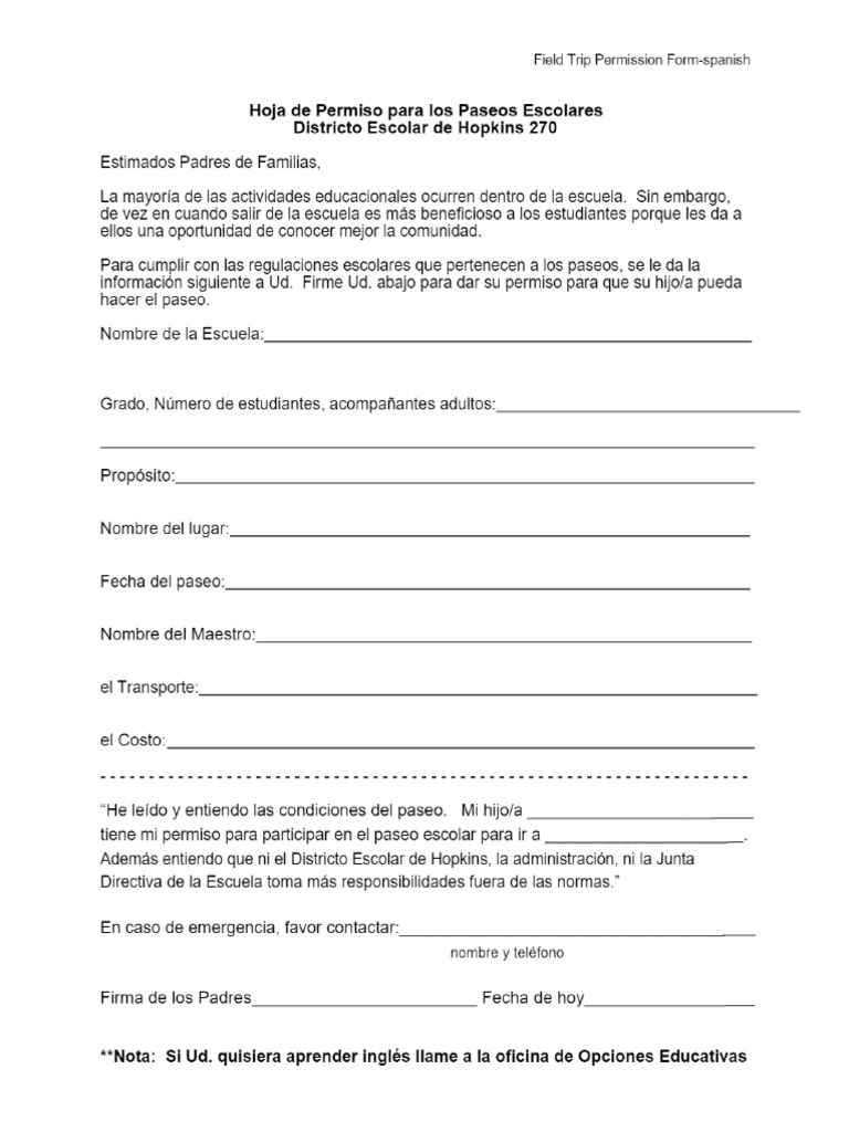 Hoja de Permiso para Los Paseos Escolares | PDF