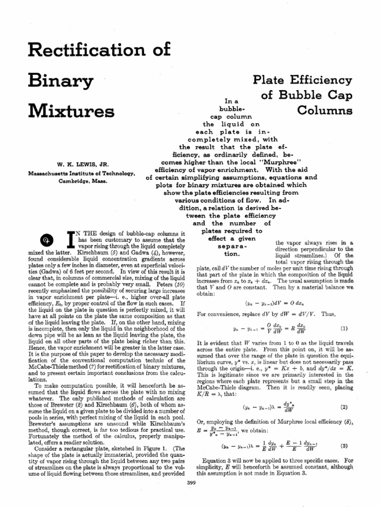 Rectification of Binary Mixtures: Modeling Plate Efficiency in Bubble Cap Columns Using a Non ...