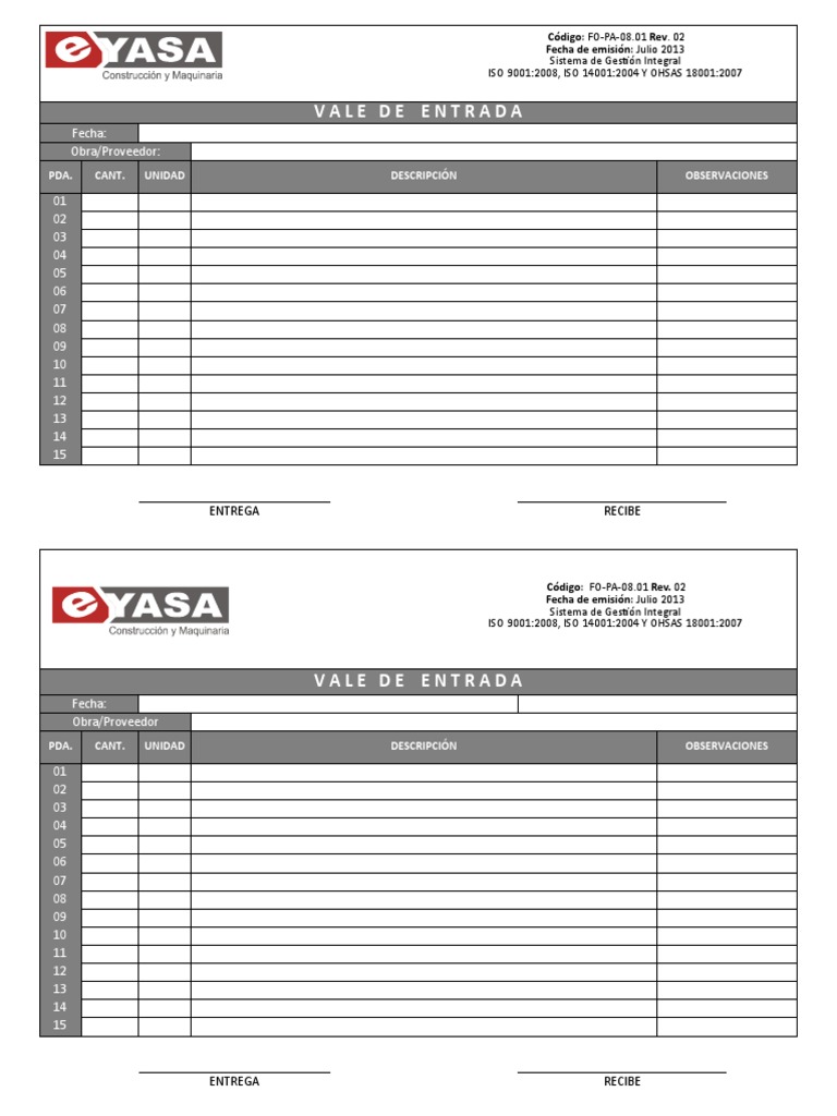 Formato de Vale de Entrada de Almacén | PDF