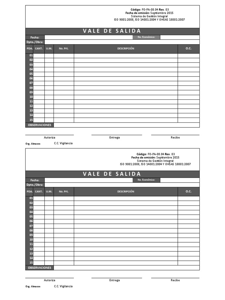 Formato de Vale de Salida Almacén | PDF