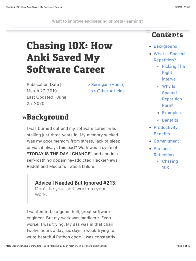 Chasing 10X: How Anki Saved My Software Career | PDF | Flashcard | Computing