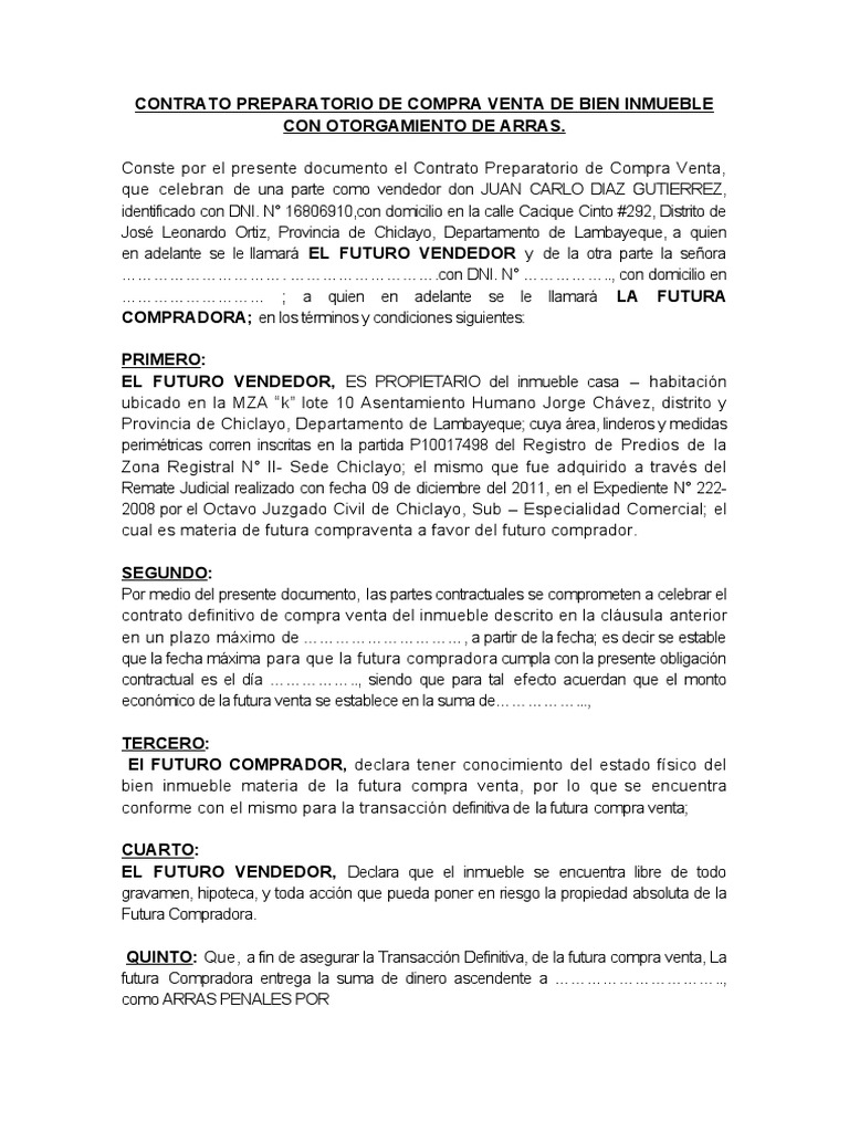 Contrato Preparatorio de Compra Venta de Bien Inmueble Con Otorgamiento de Arras | PDF | Derecho ...