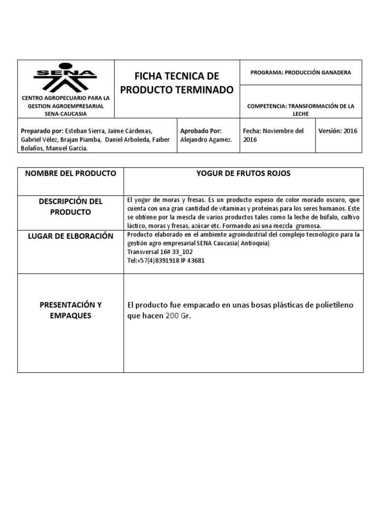 Yogur de Fresa y Mora: Ficha Técnica | PDF | Yogur | Leche
